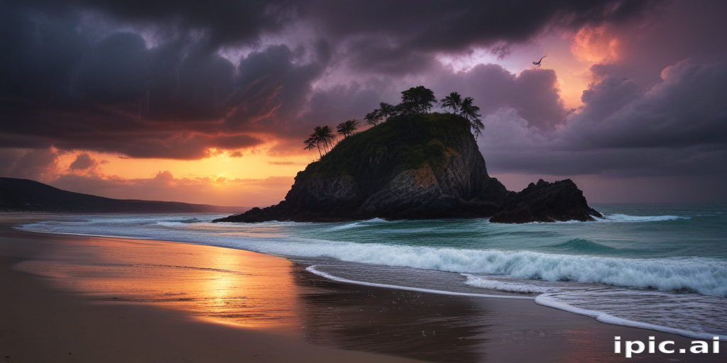 A Serene Sunset Over a Remote Island Surrounded by Gentle Waves.