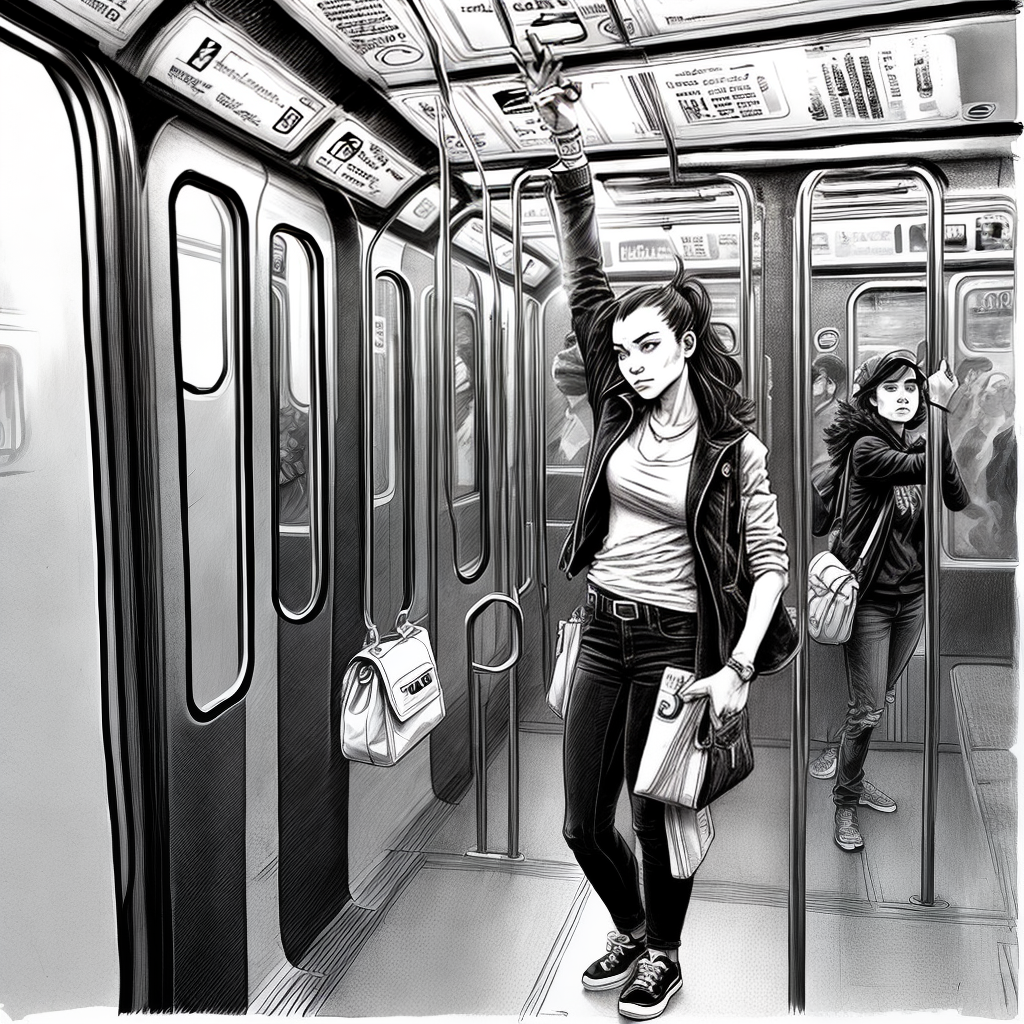 B-GIRL IN SUBWAY TRAIN. WIDE ANGLE. COMIC BOOK. SKETCH STYLE. BLACK AND ...