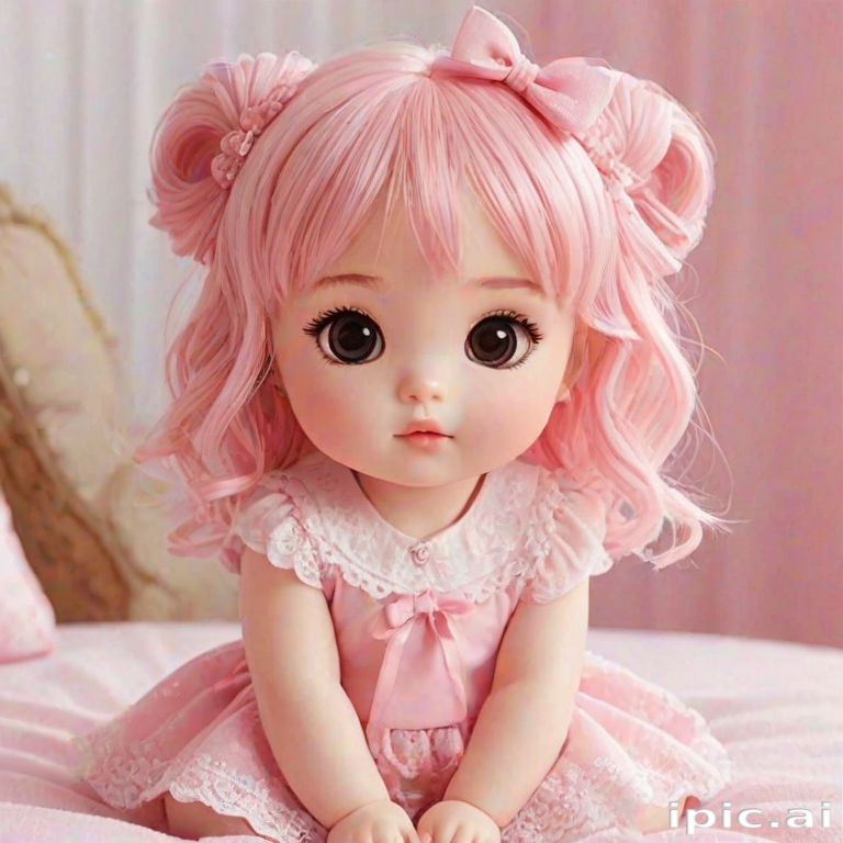 Adorable Pink-Haired Doll in a Cute Dress with Big Eyes