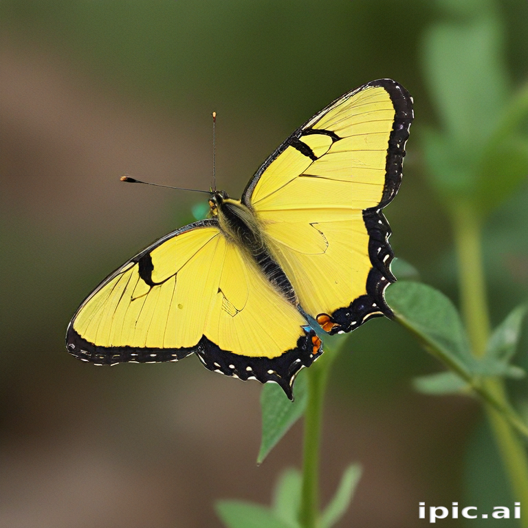 A Beautiful Yellow Butterfly Resting on Green Leaves in Nature.