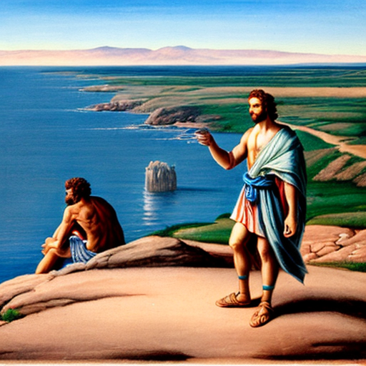 Painting of Telemachus and Odysseus, divided by a line, in their ...