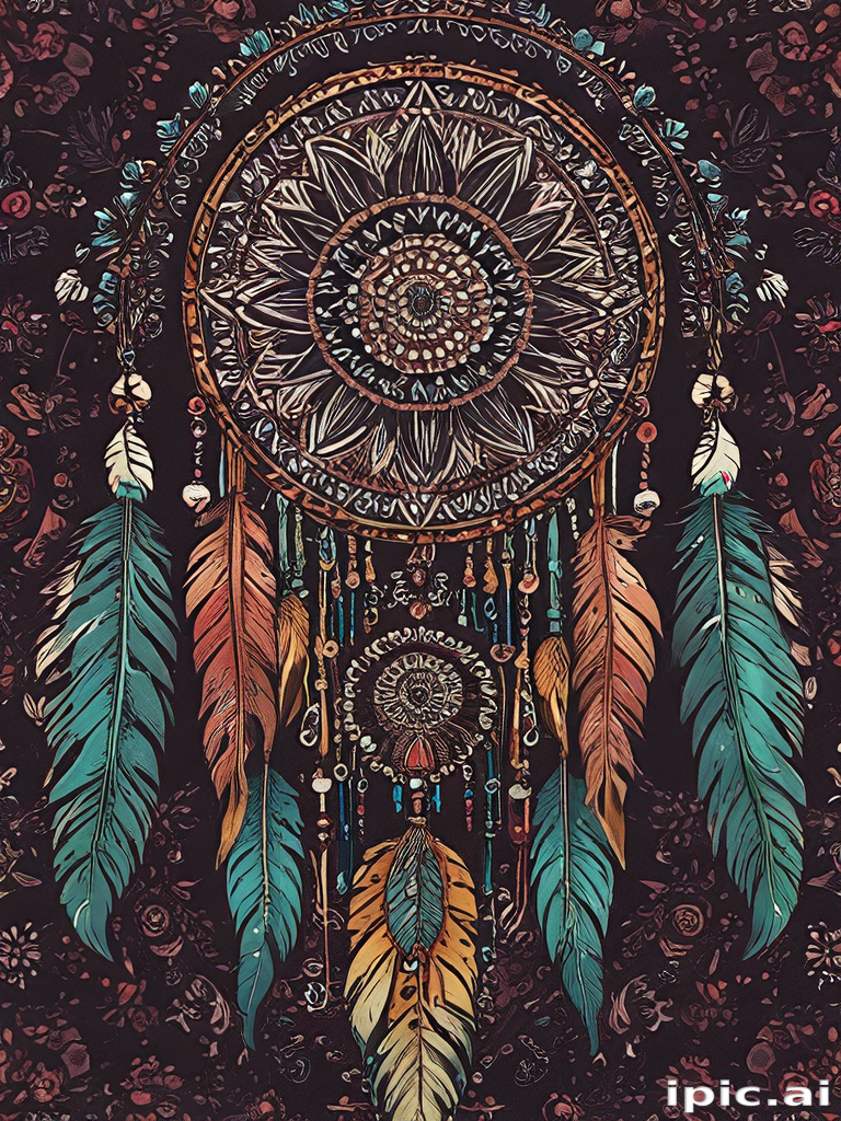 Intricate Dreamcatcher Design with Colorful Feathers and Detailed Patterns