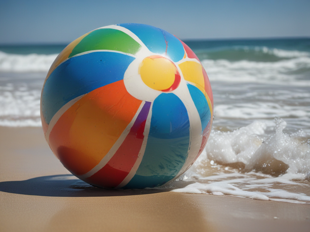 A Colorful Beach Ball Resting on the Shoreline by the Ocean Waves
