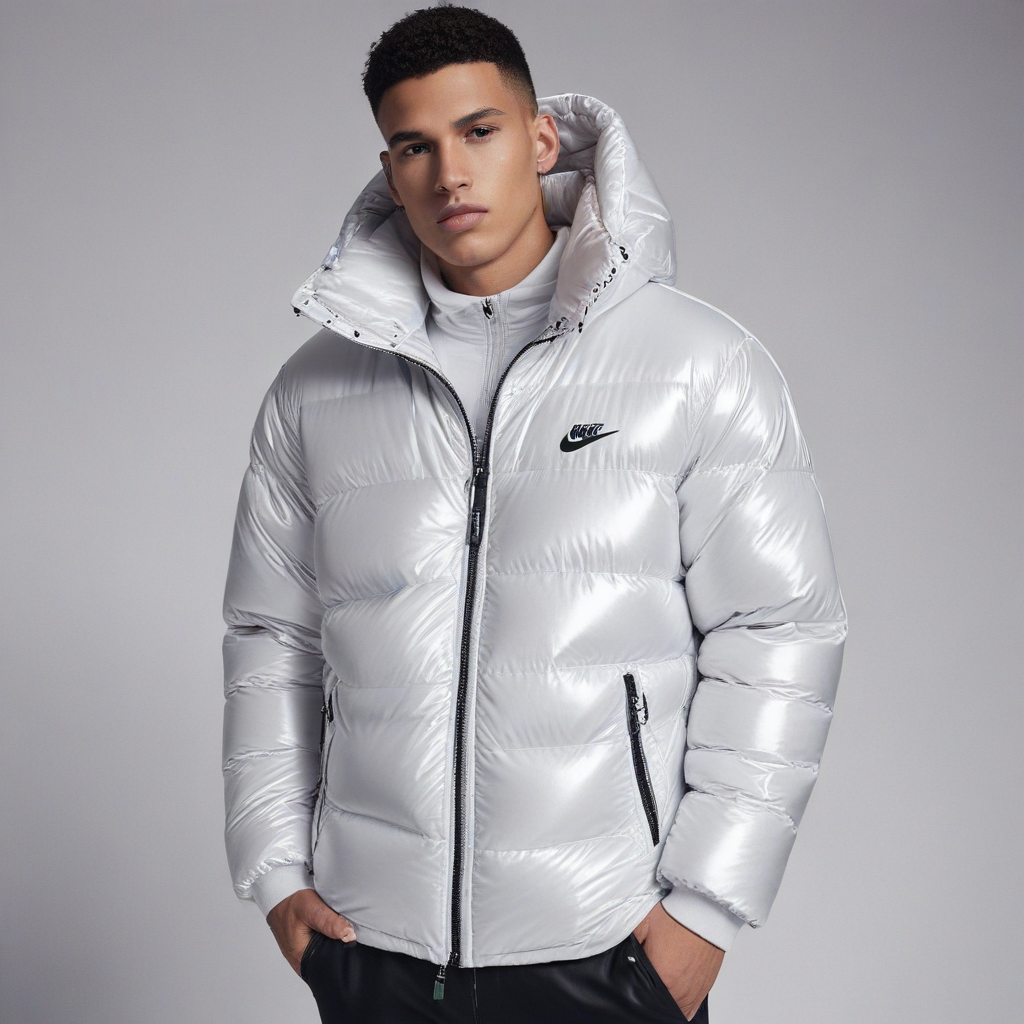 Male supermodel nike shiny puffer jacket bling jewellery hood