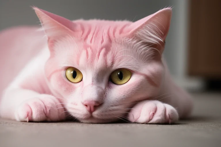 A Cute Pink Cat Relaxing Comfortably on the Soft Floor Surface.