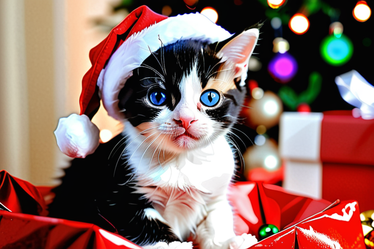 A Cute Cat in a Santa Hat Surrounded by Christmas Decorations