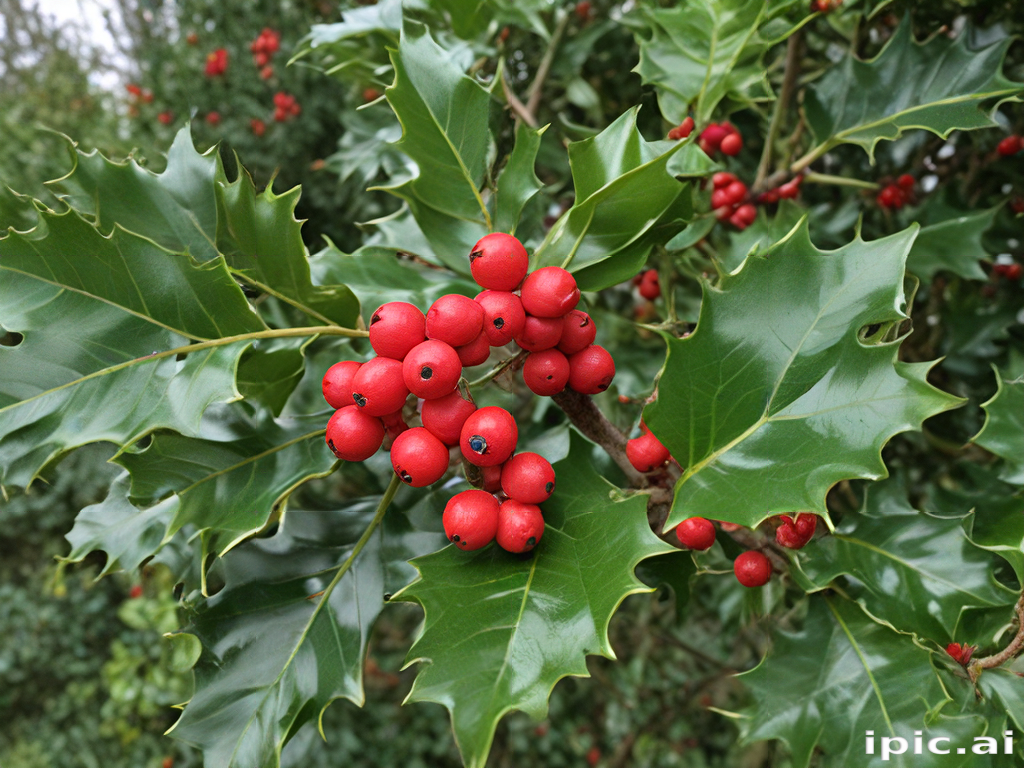 Vibrant Red Berries Among Glossy Green Holly Leaves in Nature's Beauty