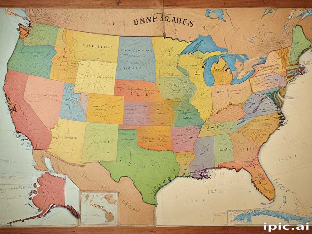 Colorful Vintage Map of the United States Highlighting State Borders ...