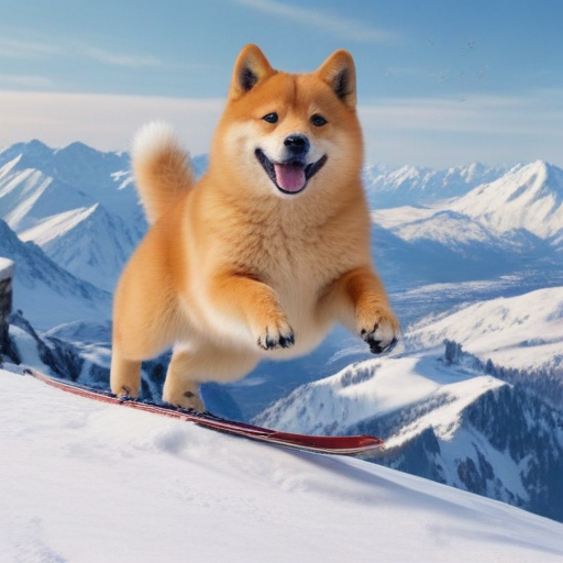 dogecoin doge on two skis doing a backflip off a huge snowy cliff with ...