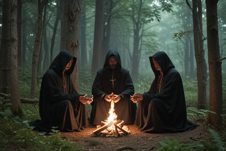 Black secret Ritual magic group in forest
