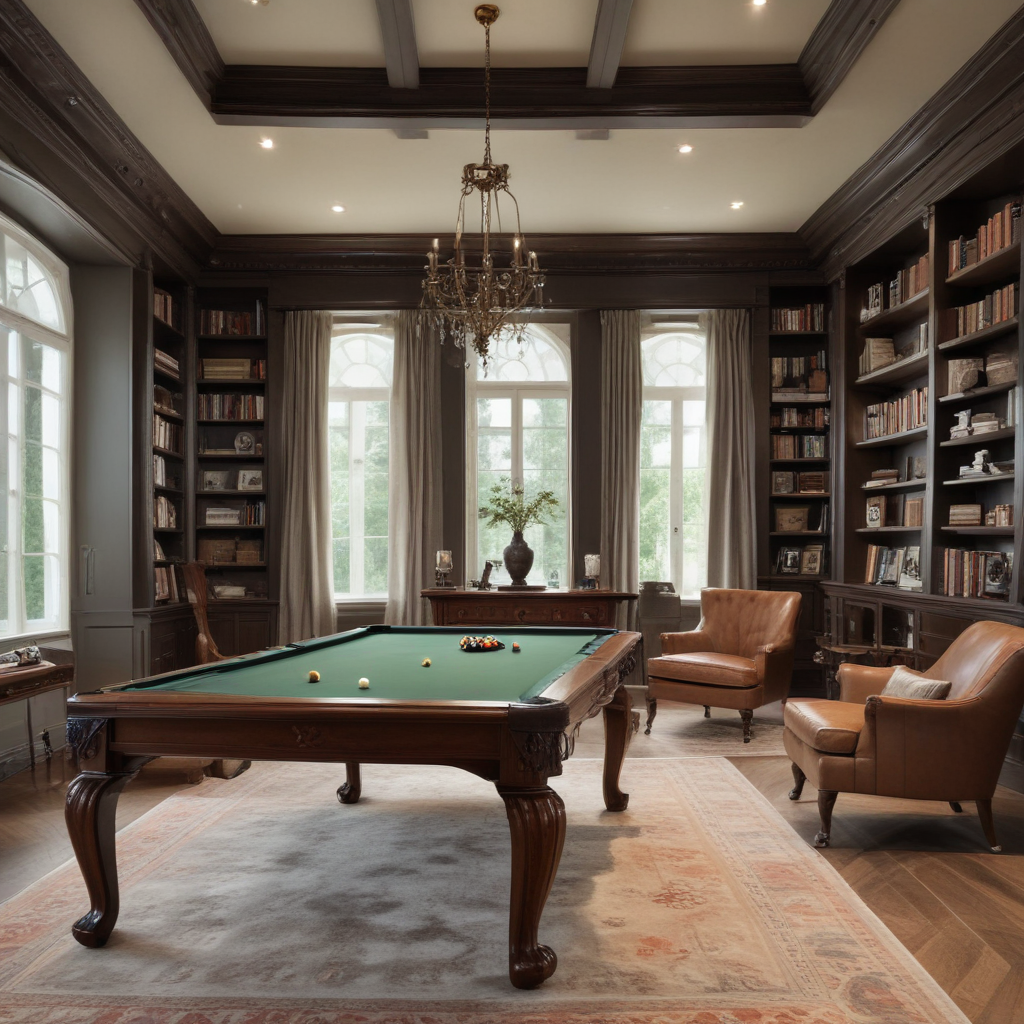a elegance and luxury image of a game room and library in manor ...