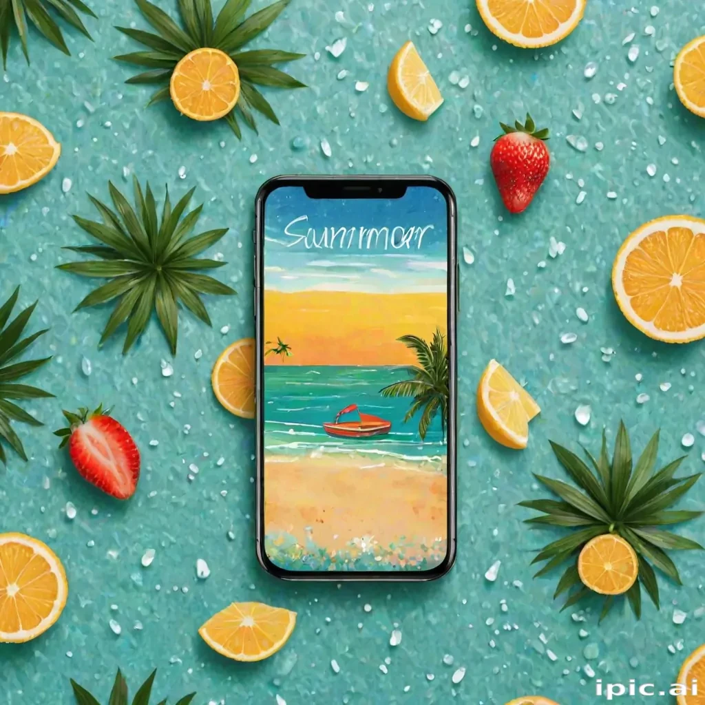 Vibrant Summer Vibes: Tropical Fruit and a Scenic Beach on Phone