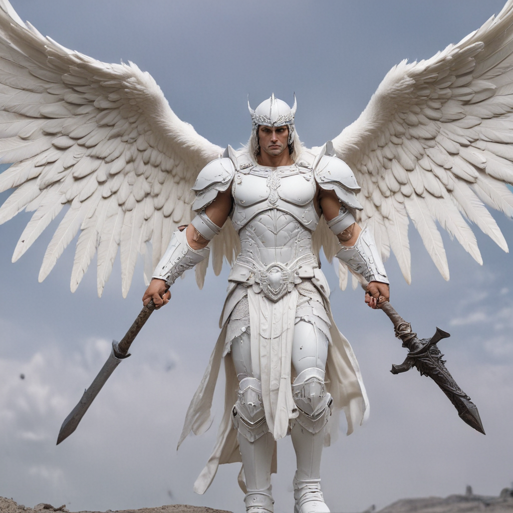 all white angel with wings, armor, and battle axe