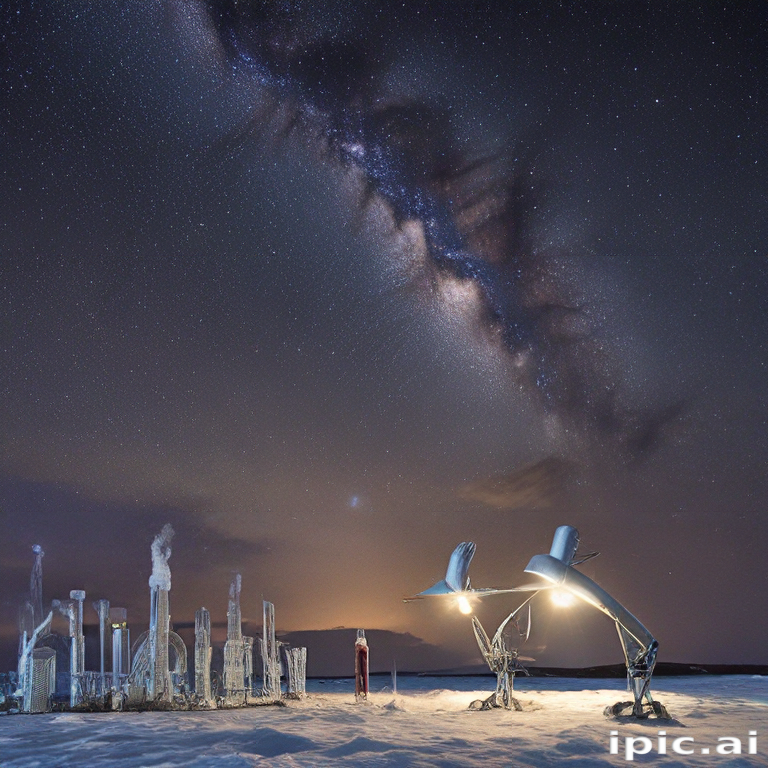 Stunning Night Sky Over Unique Sculptures Illuminated by Creative Lighting