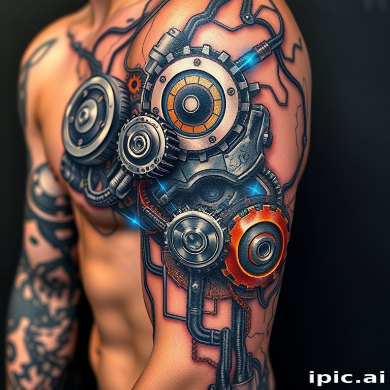 Intricate Mechanical Tattoo Design Featuring Gears and Circuit Patterns ...