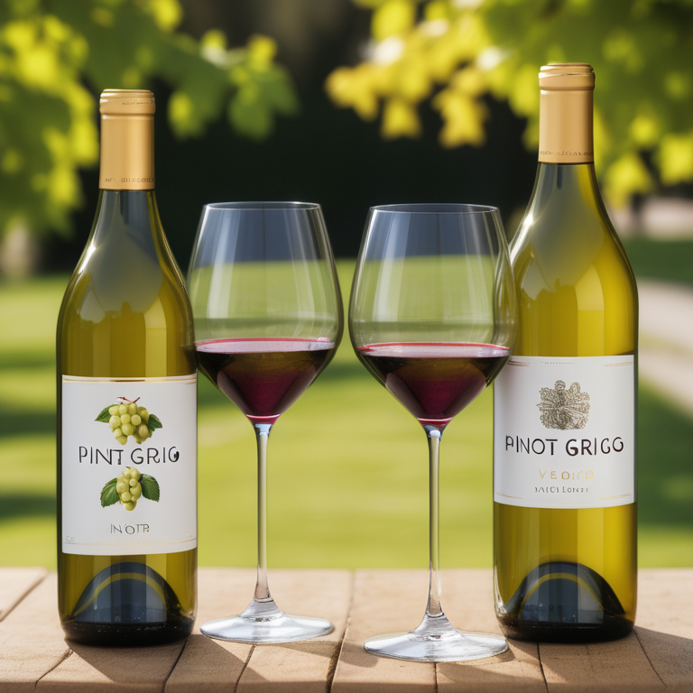 Elegant Display of Pinot Grigio and Red Wine with Glasses Outdoors