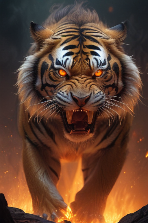 a scary tiger beast with flaming eyes and fire breath