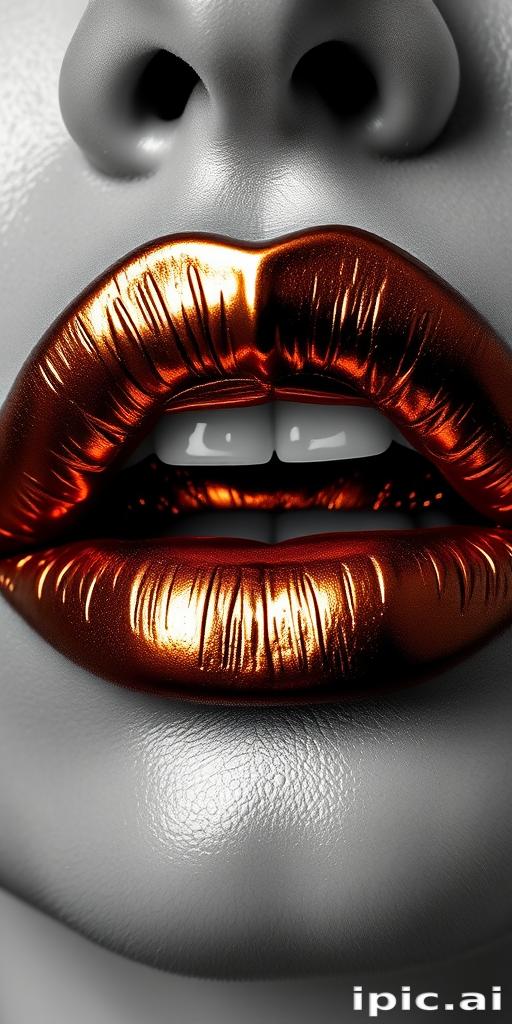 Stunning Close-Up of Glossy Lips with Metallic Orange Finish and Shine