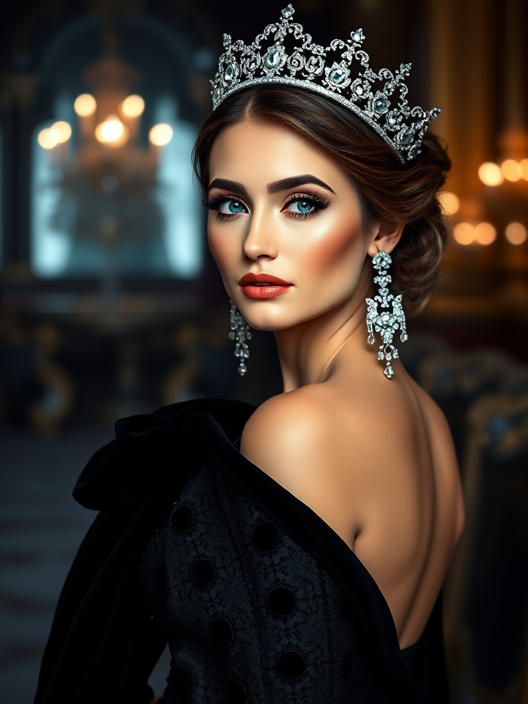 Elegant Portrait of a Regal Woman in a Crown and Glamorous Attire