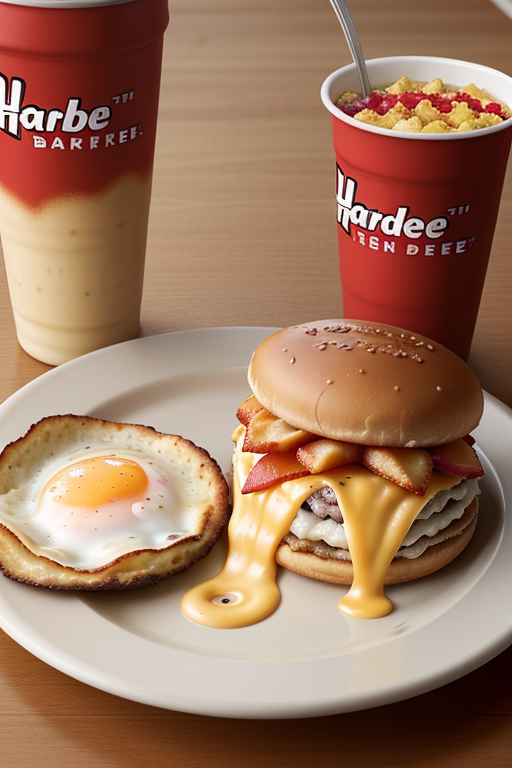 Delicious Breakfast Platter Featuring Burger, Egg, and Refreshing Beverages