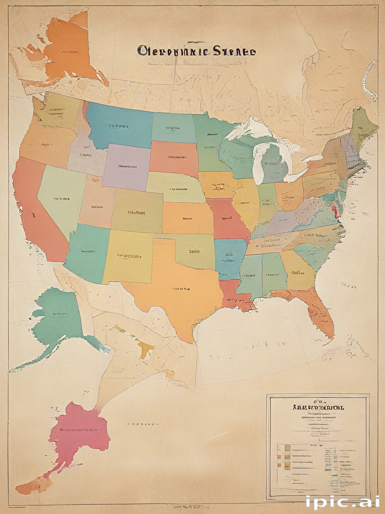 Colorful Historical Map of the United States Featuring State Boundaries ...