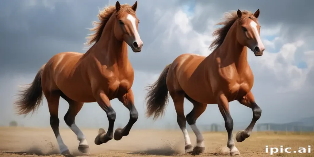 Two Majestic Horses Galloping Gracefully Across a Dusty Field Under ...