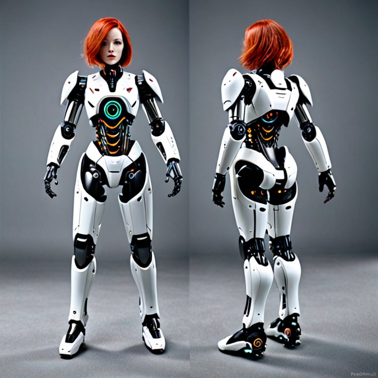 personification of ai. red hair. Full robot body. crouch. photo realistic.