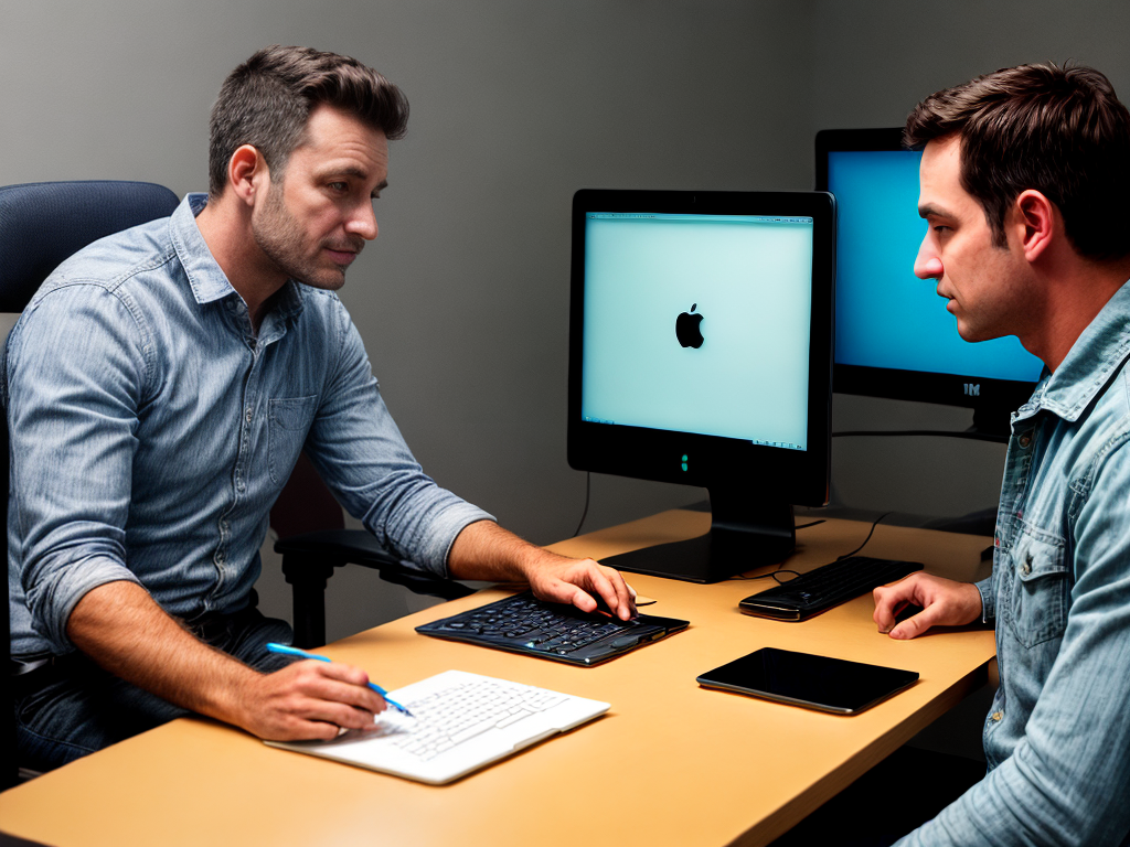 man teaching something to another man on an imac