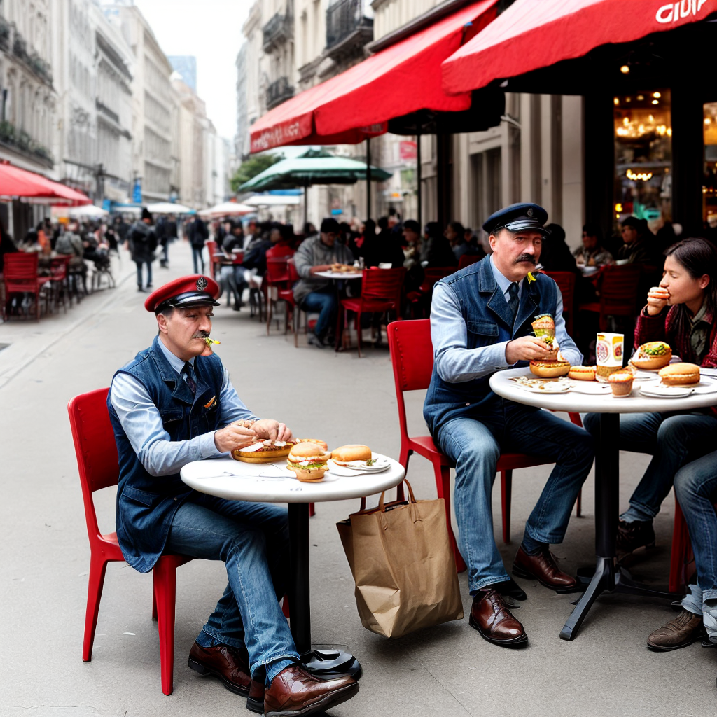 Adolf eating a hamburger in a open air cafe with a busy street in the ...