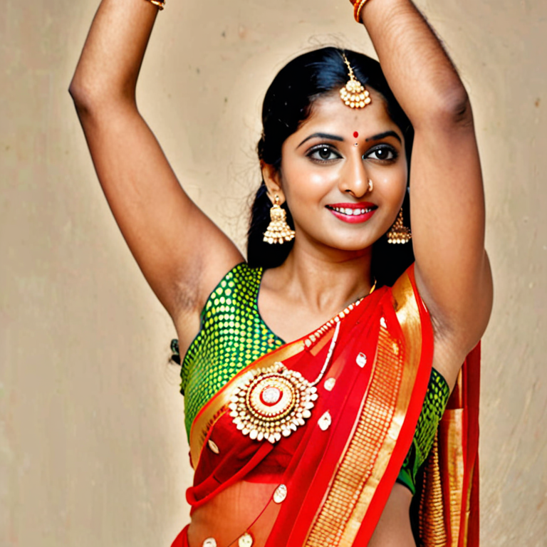 Women with multiple arms, sleeveless saree, both arms up, showing armpit