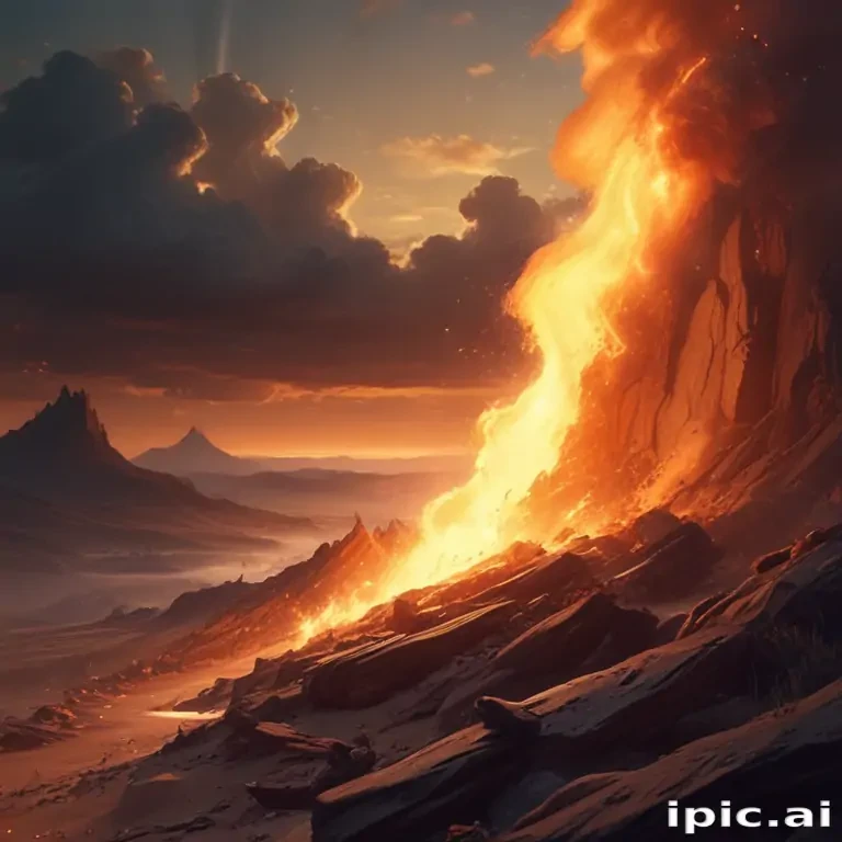 Majestic Eruption of Lava Cascading Down Rugged Mountain Landscape at ...