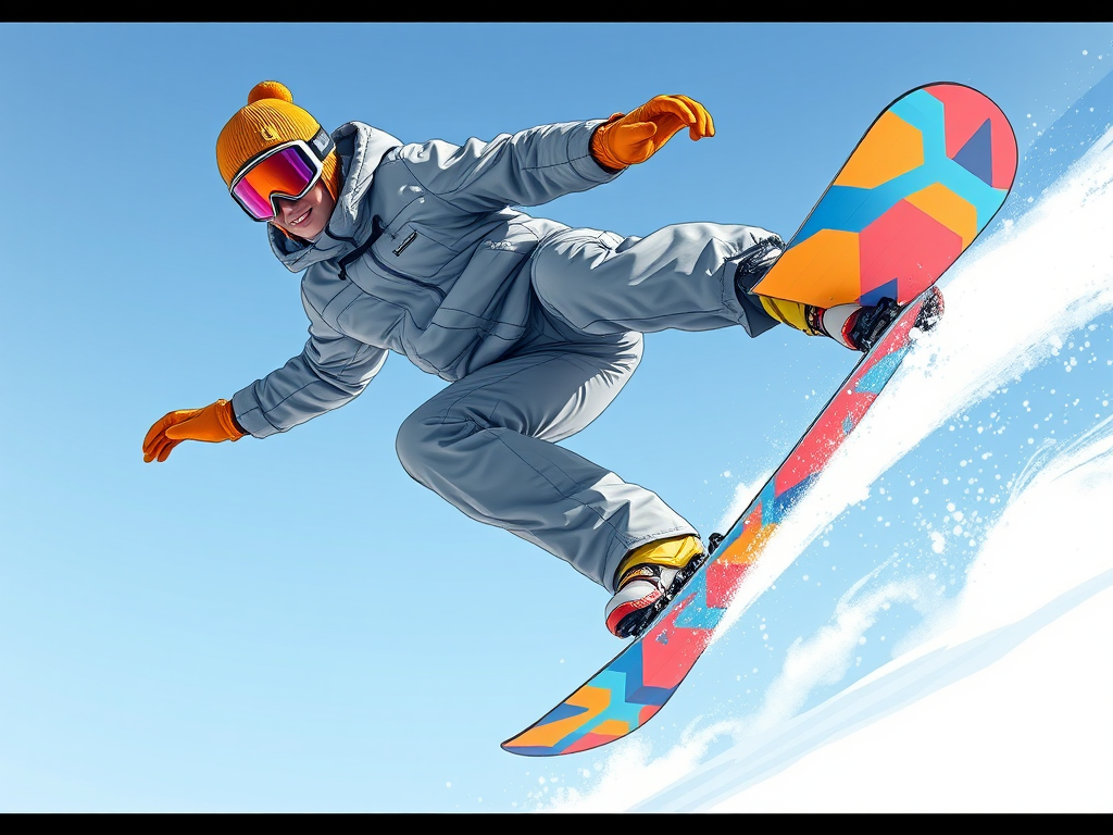 Thrilling Snowboarder in Action Against a Bright Blue Sky Background