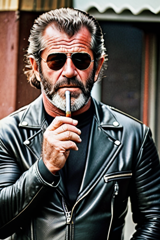 Mel Gibson bearded and muscled in black leathers biker suit smoking a cigar