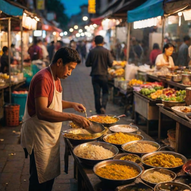 Vibrant Night Market Scene with Street Vendor Preparing Delicious Local ...