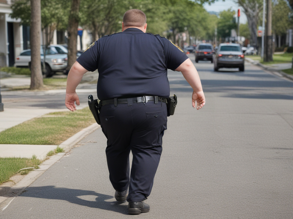 Fat cop running rear view pants falling