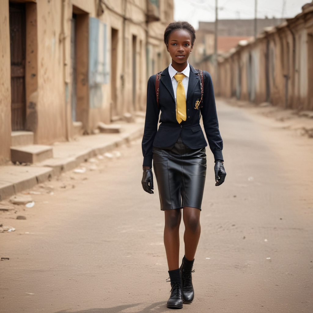 full-body view of a very skinny and slender Sudanese schoolgirl in ...