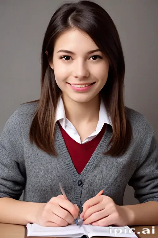 Smiling Student in a Gray Sweater Engaged in Writing and Studying