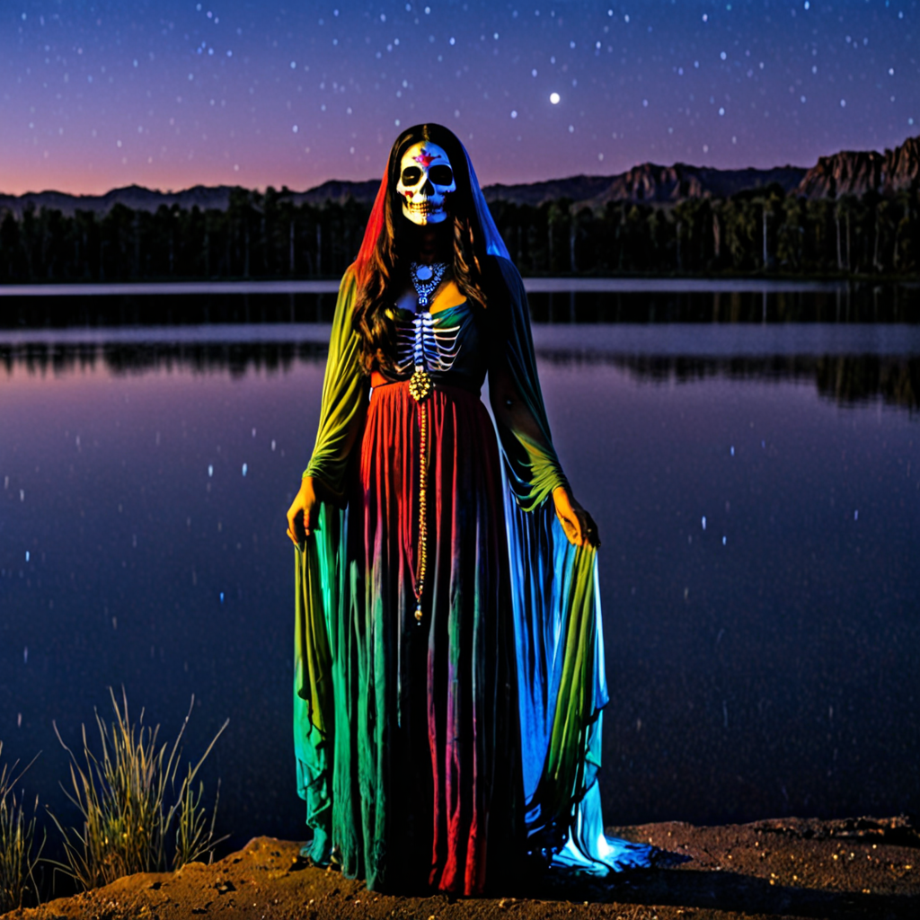 ethereal, haunting, colorful, dia de la muerta ghost lady at night near ...