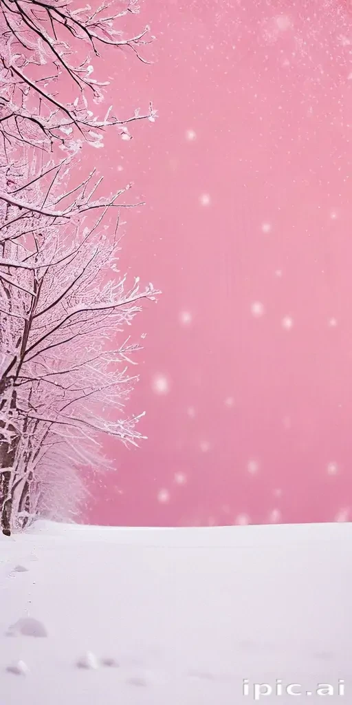 Winter Wonderland: Snow-Covered Trees Against a Soft Pink Sky Background