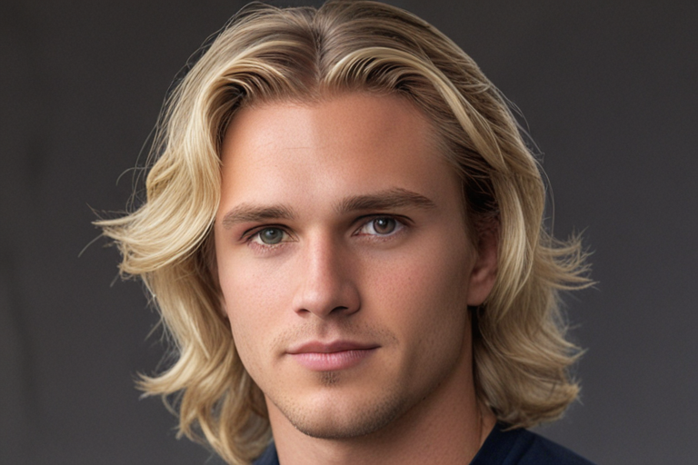 medium height, stocky build, ashy blond hair that falls in waves over ...