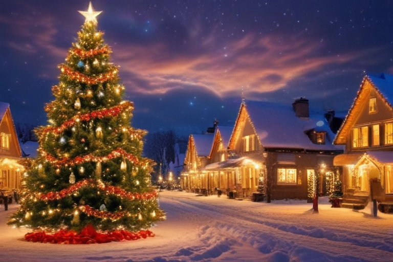 Enchanting Winter Scene with Festively Decorated Christmas Tree and ...
