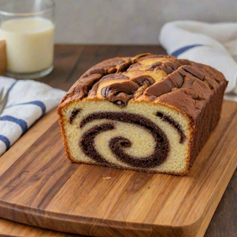 Delicious Swirled Chocolate and Vanilla Marble Cake on a Wooden Board.