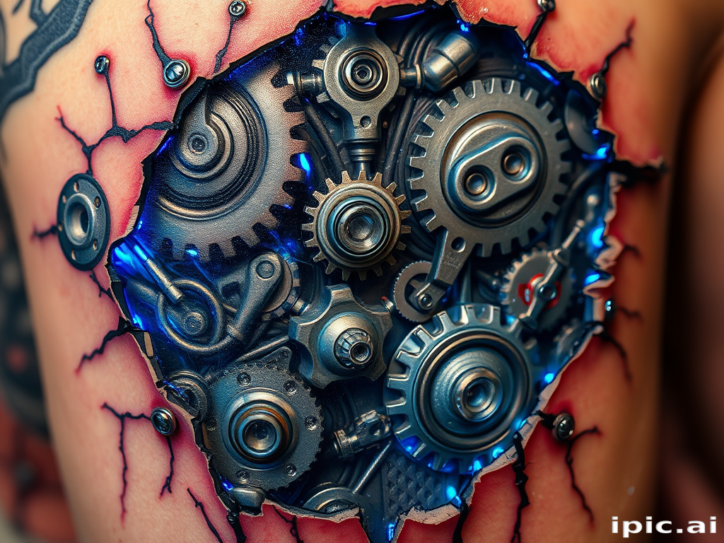 Intricate Mechanical Tattoo Design Featuring Gears and Glowing Elements