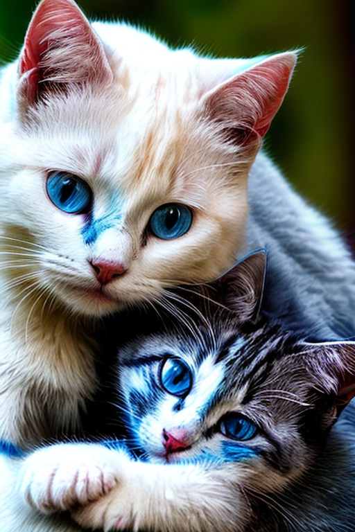 Blueund. White mother cat hugging white kitten