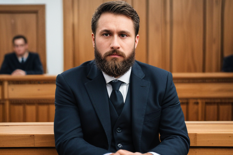 European man with a beard sitting in a courtroom. Sad expression.
