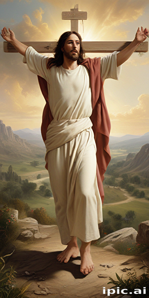 Depiction of Jesus Christ on the Cross in a Serene Landscape.