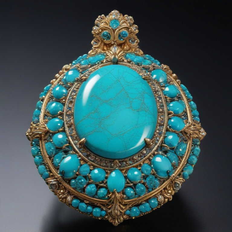 Exquisite Vintage Turquoise Brooch Adorned with Intricate Gold Detailing