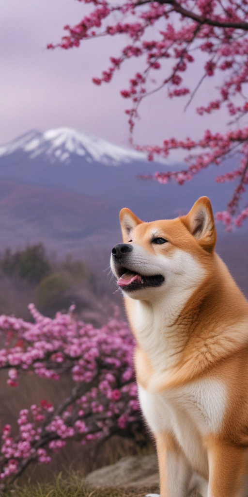 Shiba inu in front of purple foggy purple mountain background with ...