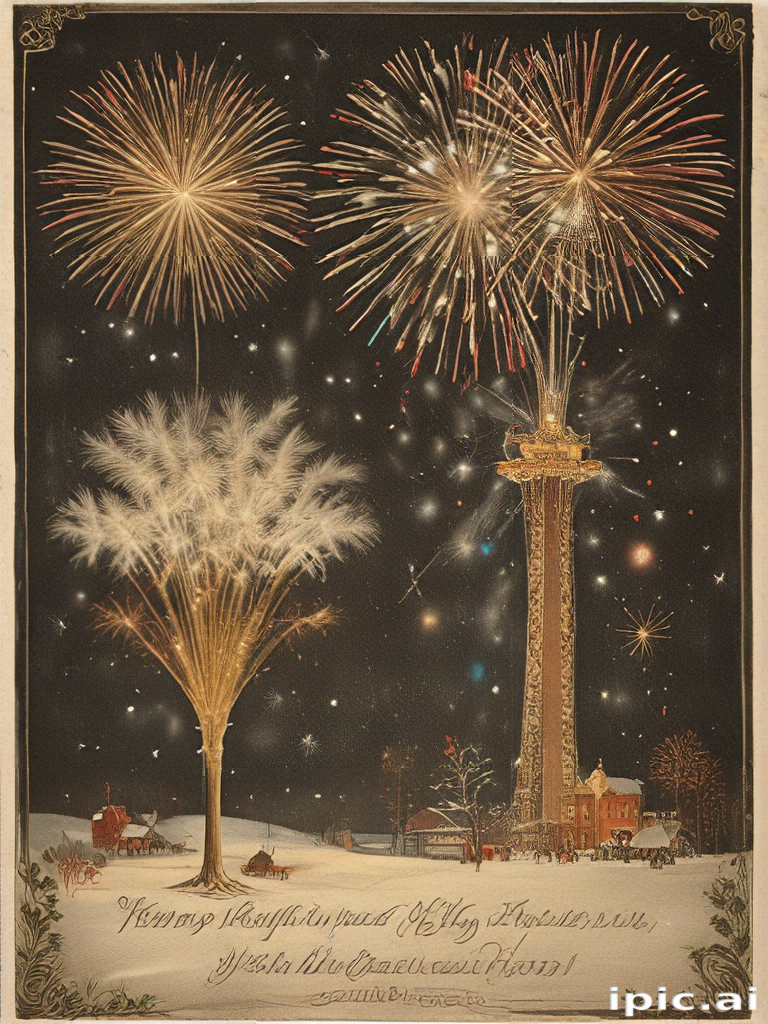 Festive Winter Scene Featuring Stunning Fireworks Over a Charming ...