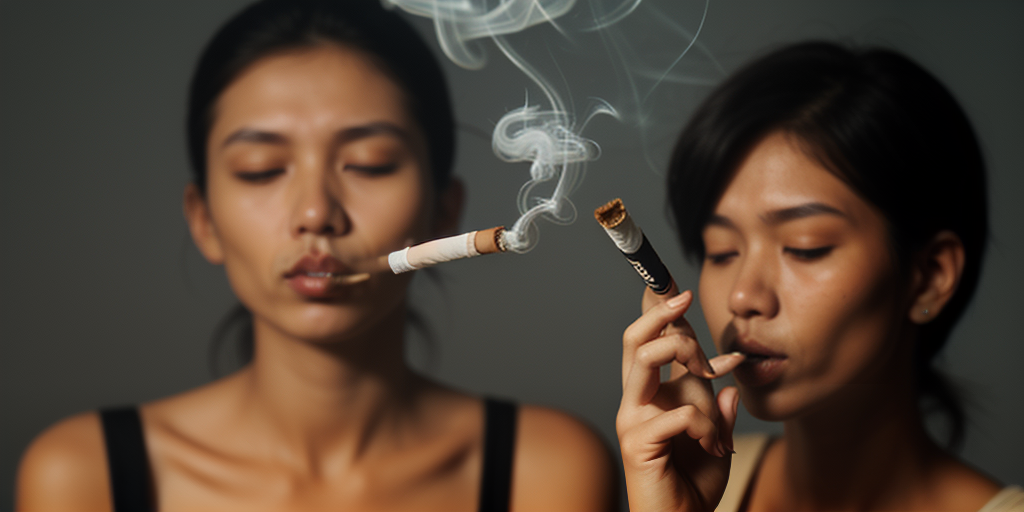Two Women in Intense Focus, Sharing a Moment with Cigarettes and Smoke